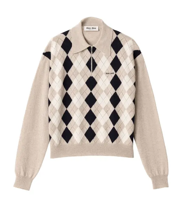 Miu Miu Cashmere Argyle Polo Sweater - Neutral