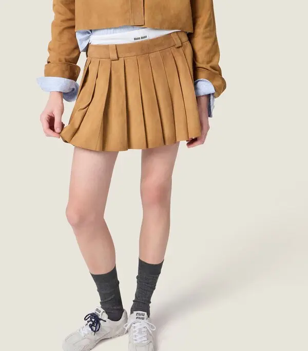 Miu Miu Waxed Suede Pleated Miniskirt