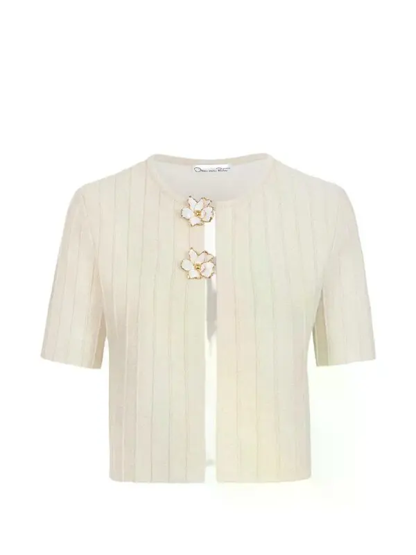 Oscar De La Renta Ottoman Floral-embellished Short-sleeved Cropped Cardigan - Neutrals
