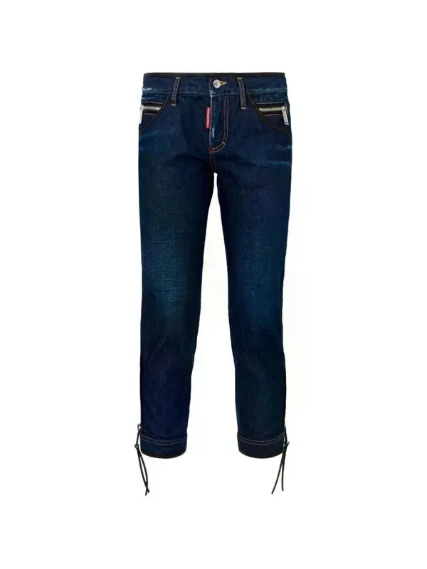 Dsquared2 Dark Wash Skinny Cropped Jeans With Leather Trim And Zip Details