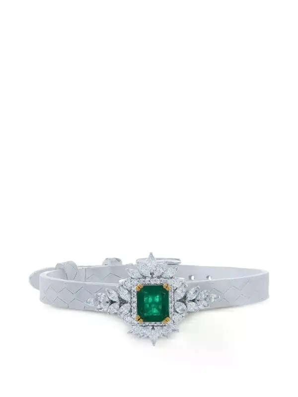 Yeprem Emerald And Diamond Stamped Leather Bracelet - Silver