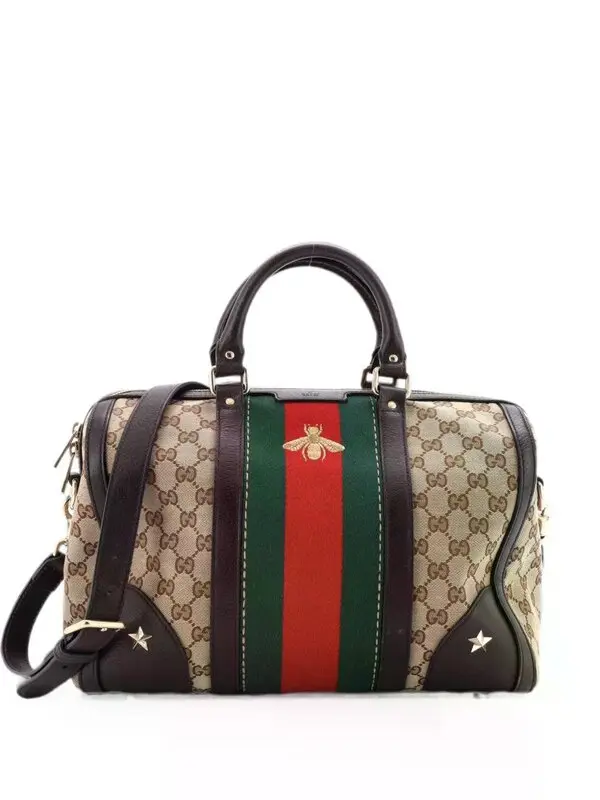 Gucci Vintage Bee Web Boston Bag Gg Canvas Medium Satchel - Brown