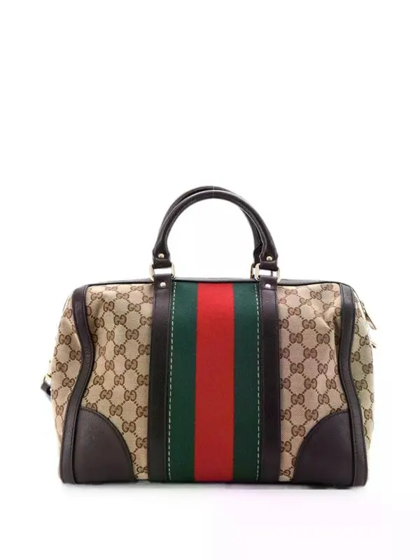 Gucci Vintage Bee Web Boston Bag Gg Canvas Medium Satchel