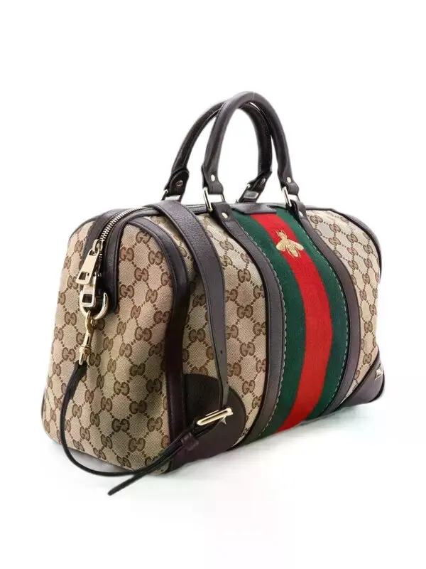 Gucci Vintage Bee Web Boston Bag Gg Canvas Medium Satchel