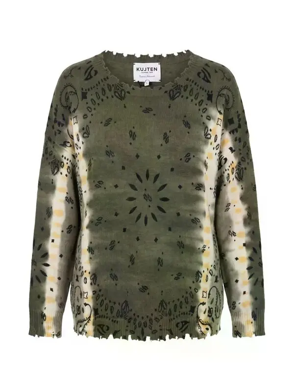 KUJTEN Mela Bandana-print Distressed Sweater - Green