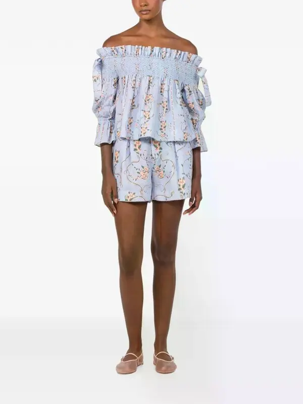 Agua Bendita Isla Navegante Floral-print Smocked Blouse - Blue