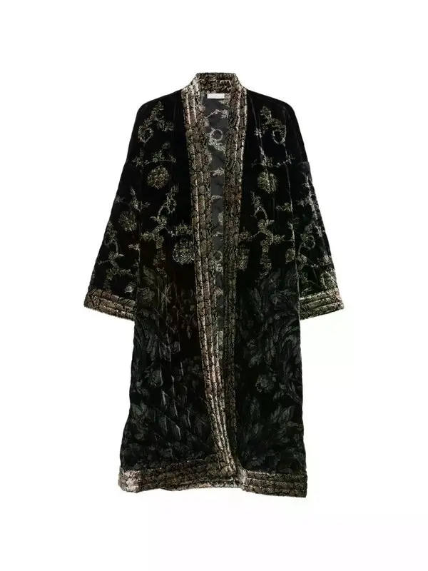PIERRE-LOUIS MASCIA Floral-print Velvet-effect Coat - Black