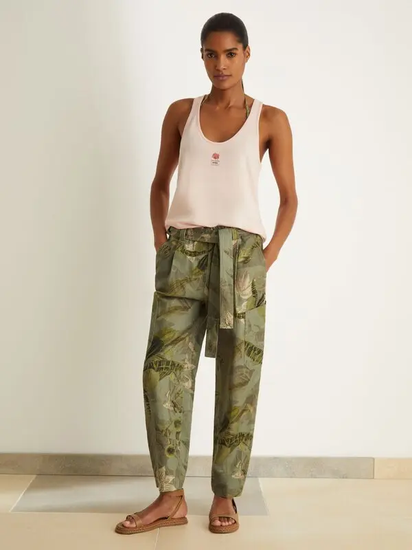 REISS Linen Floral Tapered Trousers - Khaki