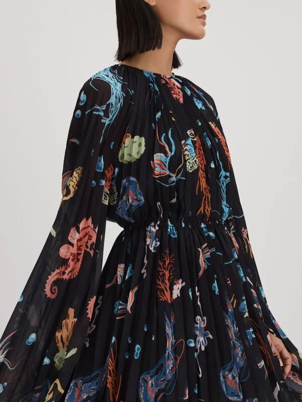LEO LIN Pleated Bell Sleeve Mini Dress