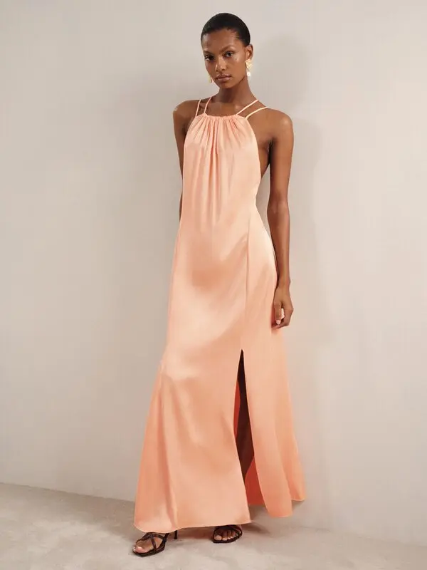REISS Tallie Satin Halterneck Maxi Dress - Peach