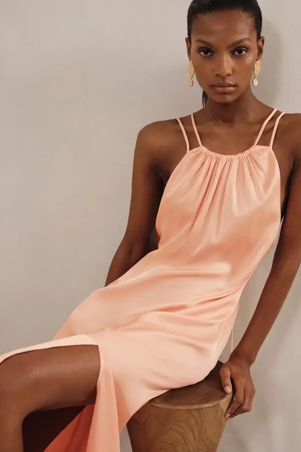 REISS Petite Satin Halterneck Maxi Dress - Peach