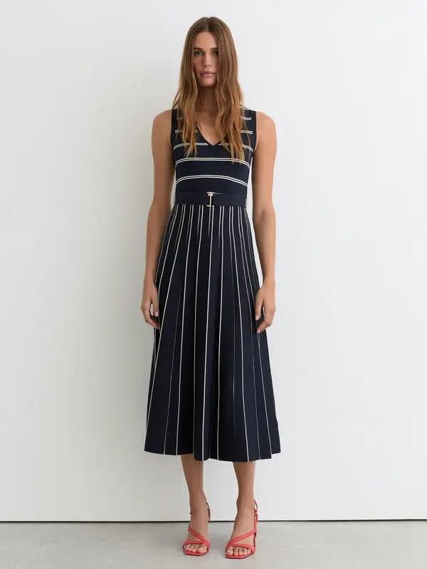 REISS Sleeveless Striped Knitted Midi Dress With Belted Waist