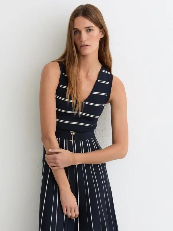 REISS Sleeveless Striped Knitted Midi Dress With Belted Waist