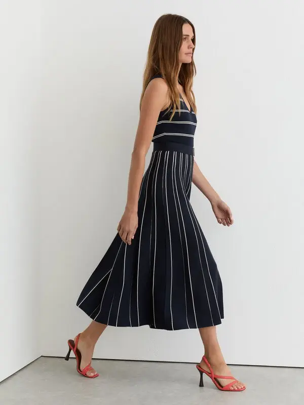 REISS Sleeveless Striped Knitted Midi Dress With Belted Waist