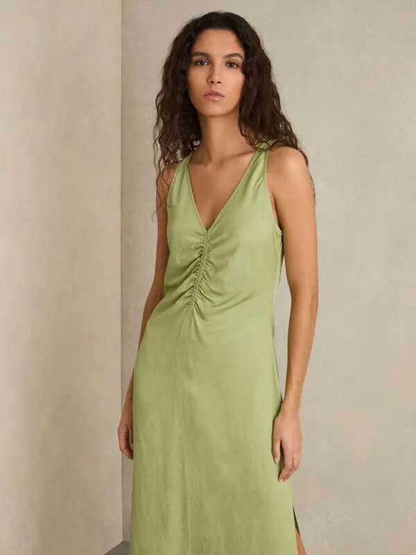 REISS Ruched Sleeveless Midi Dress - Green