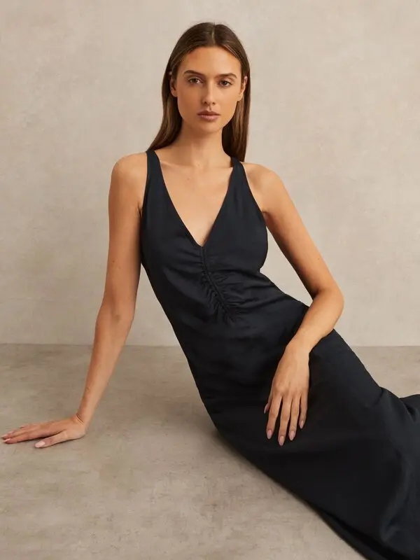 REISS Ruched Sleeveless V-neck Midi Dress