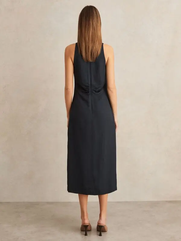 REISS Ruched Sleeveless V-neck Midi Dress