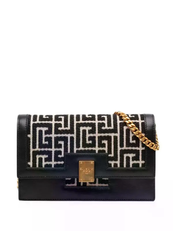 Balmain 2010-2026 Mini Leather Trimmed Monogram Jacquard 1945 Heritage Crossbody Bag - Black