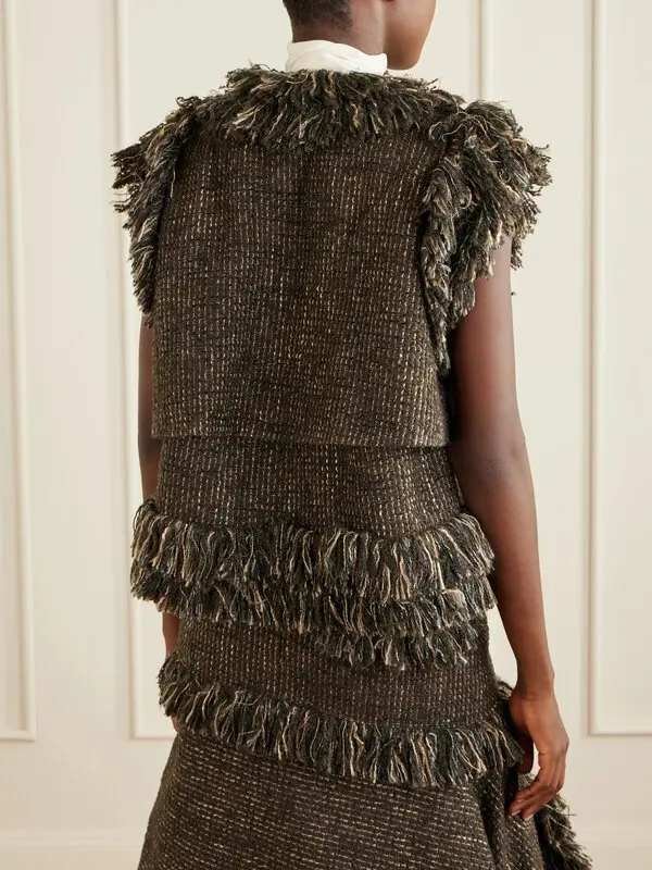 Sacai Bow-detailed Fringed Wool-blend Tweed Vest