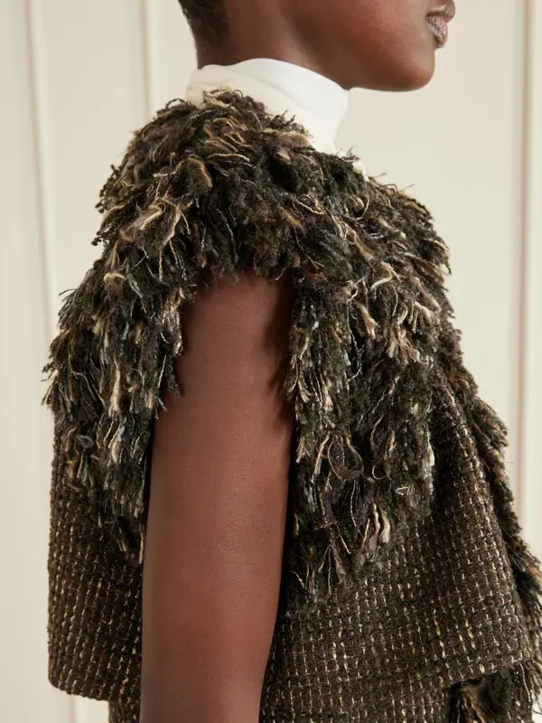 Sacai Bow-detailed Fringed Wool-blend Tweed Vest