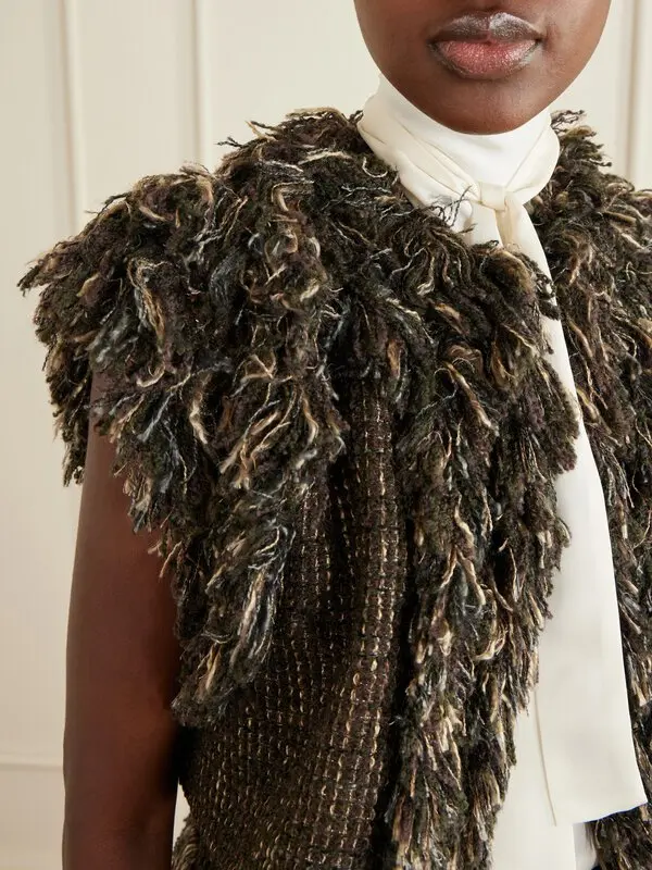 Sacai Bow-detailed Fringed Wool-blend Tweed Vest