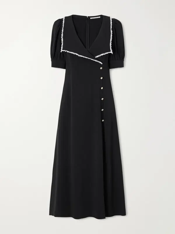 Alessandra Rich Lace-trimmed Crepe-cady Midi Dress - Black