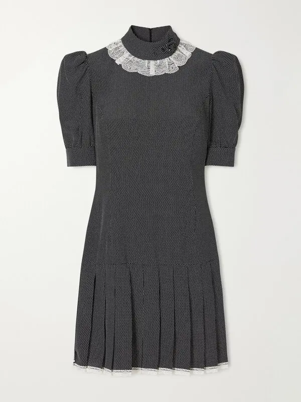 Alessandra Rich Pleated Lace-trimmed Polka-dot Silk-crepe De Chine Mini Dress - Black