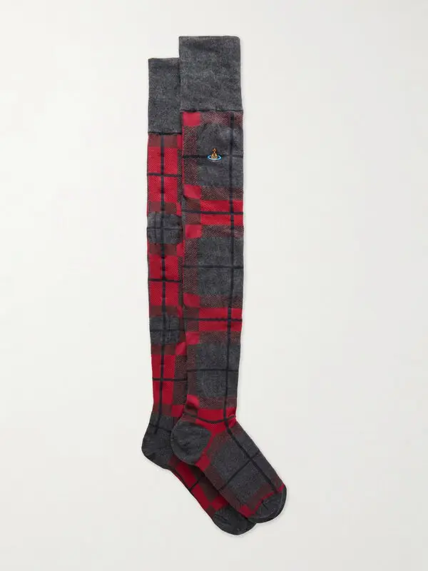 VIVIENNE WESTWOOD Locharron Orb-embroidered Checked Knitted Socks - Red