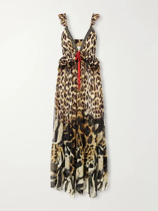 Camilla Leotigra Land Crystal-embellished Animal-print Silk Maxi Dress - Multi