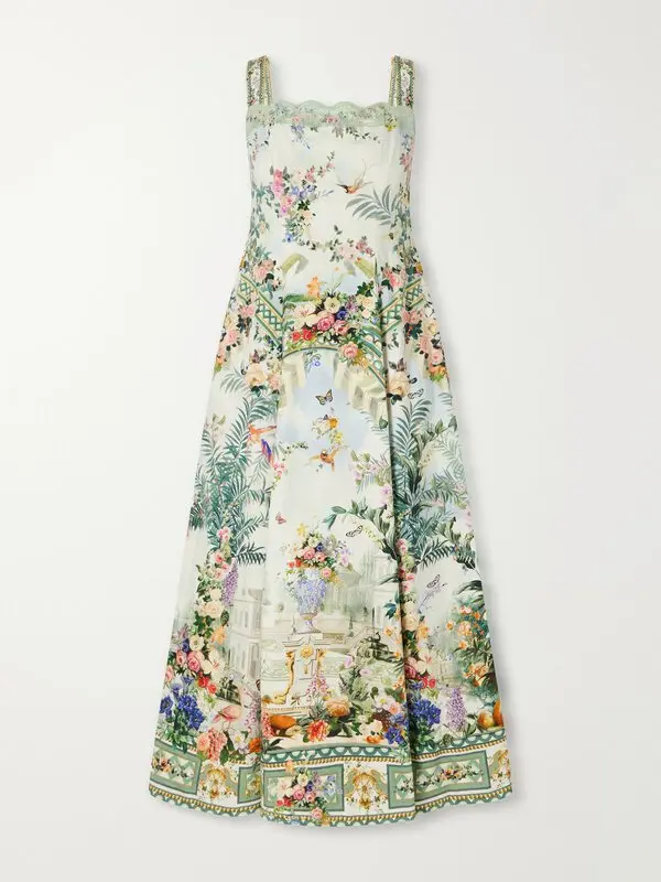Camilla Art For The Empress Lace-trimmed Printed Cotton-blend Midi Dress - Multi