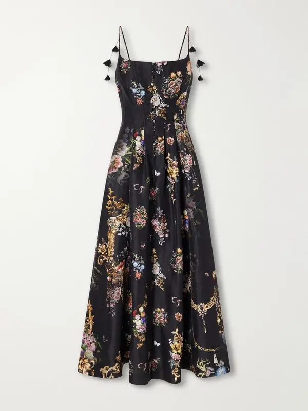 Camilla Flamenco Folklore Floral-print Linen And Silk-blend Dupioni Midi Dress - Multi