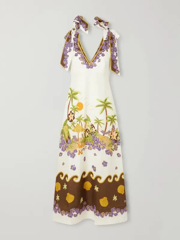ALEMAIS Island Cove Ballet Day Printed Linen Midi Dress - Neutrals