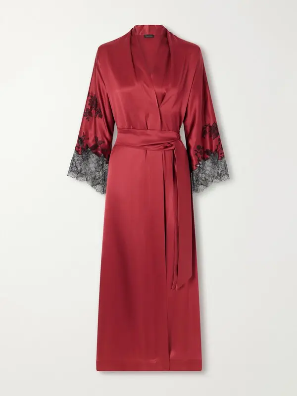 Carine Gilson Belted Lace-embroidered Silk-satin Robe - Red