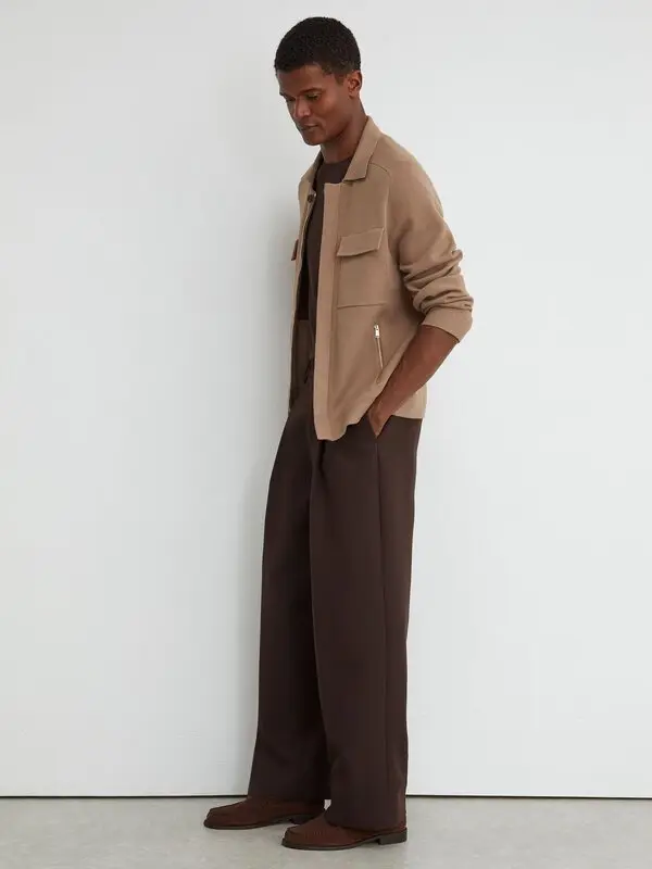 REISS Twin-pocket Concealed-placket Knitted Jacket - Brown