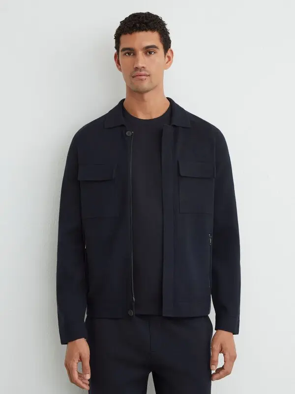 REISS Knitted Concealed-placket Jacket With Twin Pockets - Navy