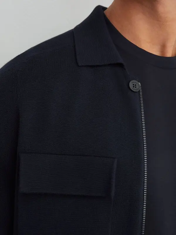 REISS Knitted Concealed-placket Jacket With Twin Pockets - Navy