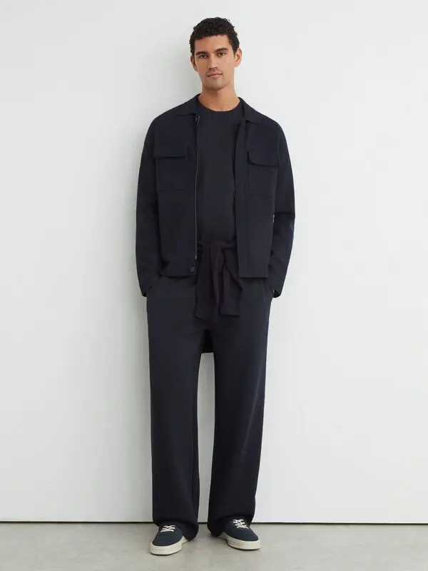 REISS Knitted Concealed-placket Jacket With Twin Pockets - Navy