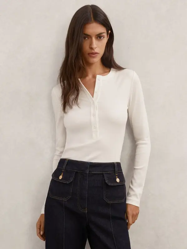 REISS Stretch-cotton Half-button Top - White