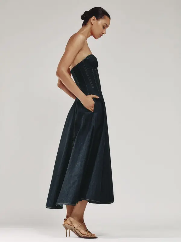 REISS Cotton Strapless Structured Denim Midi Dress - Blue