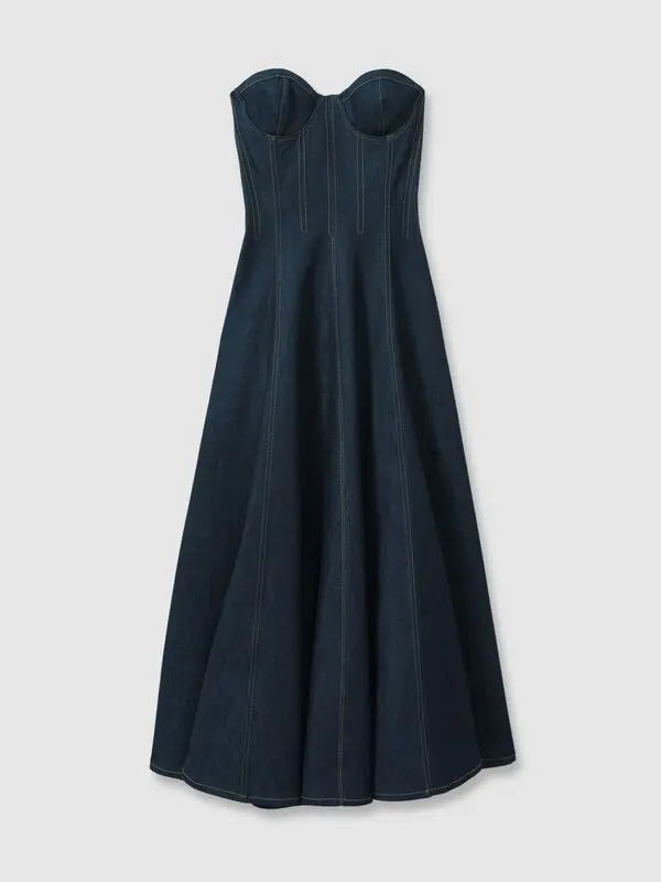 REISS Cotton Strapless Structured Denim Midi Dress