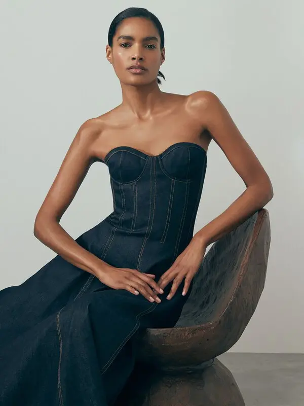 REISS Cotton Strapless Structured Denim Midi Dress