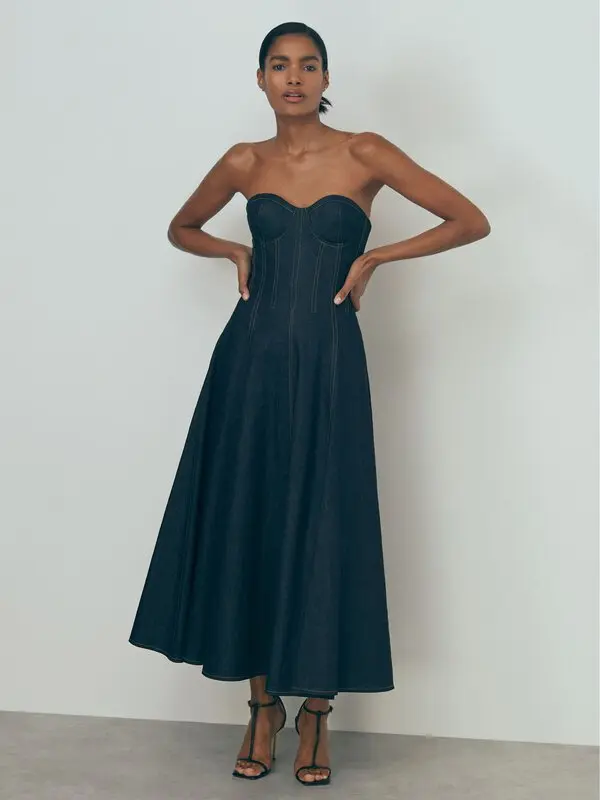 REISS Cotton Strapless Structured Denim Midi Dress