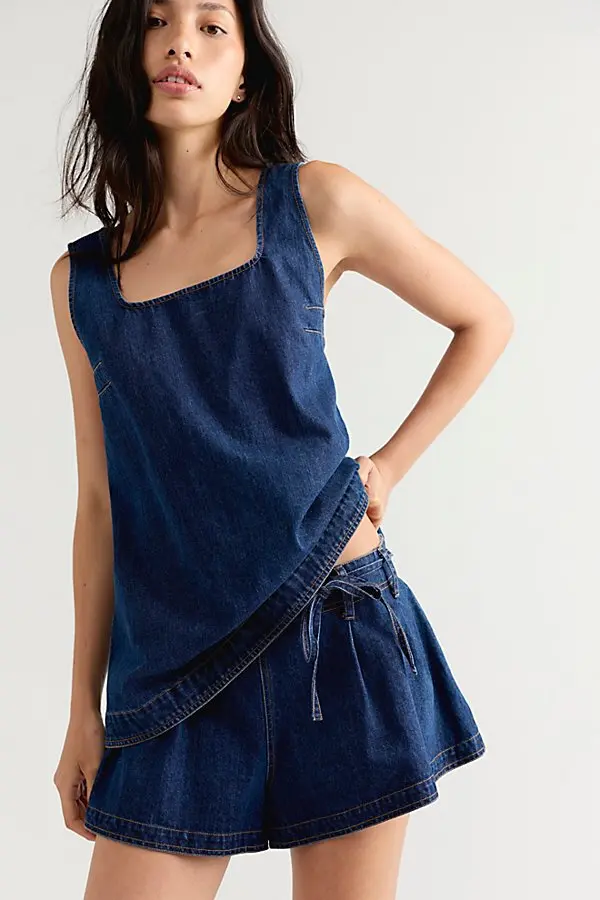 Free People Down In The Valley Denim Short Set At - Peacoat