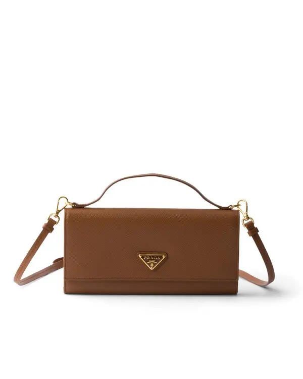 Prada Saffiano Leather Wallet With Shoulder Strap - Cognac