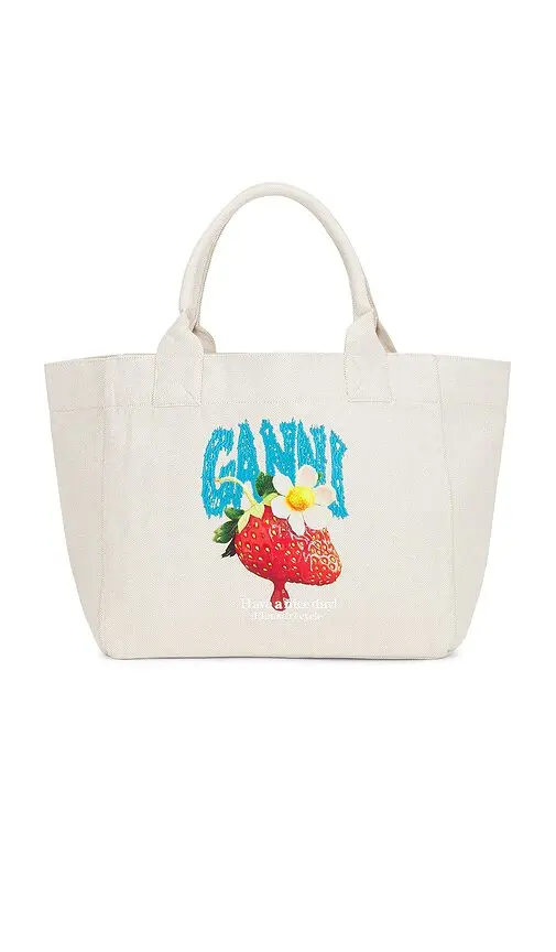 GANNI Medium Trapeze Shopper Strawberry Print - Cream