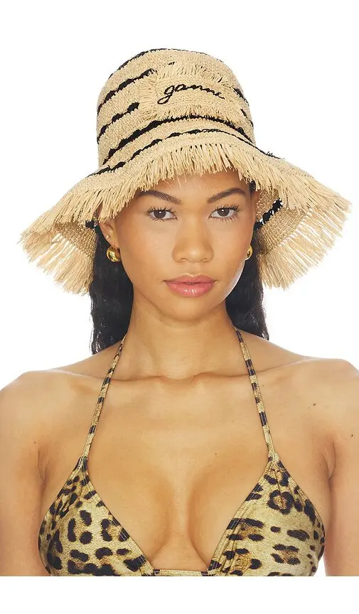 GANNI Striped Raffia Bucket Hat - Neutral