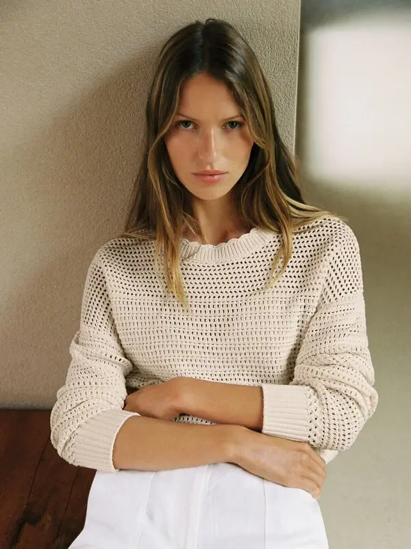 REISS Cotton Open-stitch Crew-neck Jumper - Neutral
