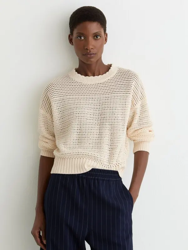 REISS Cotton Open-stitch Crew-neck Jumper