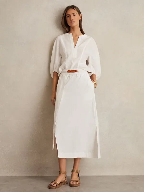 REISS Poplin Belted Split Midi Skirt