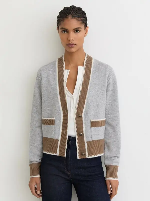 REISS Grey & Neutral Wool-cashmere Tipped Cardigan